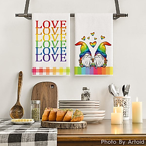 Artoid Mode Love Heart Gnomes LGBT Home Kitchen Dish Towels, 18 x 26 Inch Ultra Absorbent Coffee Tea Bar Hand Towels Bathroom Gift for Cooking Baking Set of 2