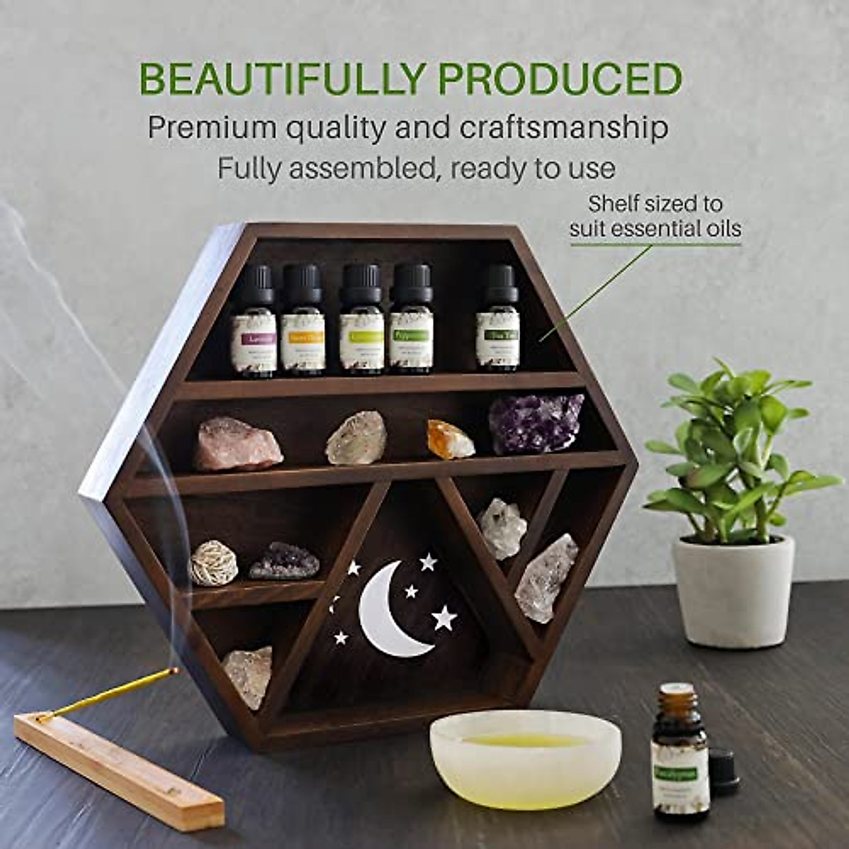 ENSO SENSORY Tsuki Crystal & Rock Display Shelf - Hexagon Floating Wall Shelves with Cresent Moon Design for Rocks, Crystals, Oils, Stones, Plants - Honeycomb Geometric Shape Home Decor