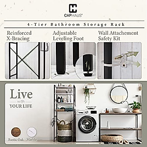 CAPHAUS Over The Toilet Storage, 4-Tier Bathroom Organizer, Freestanding Toilet Shelf, Multifunctional Space Saver Toilet Rack with 4 Hooks, Laundry Organizer, Plant Stand for Balcony (Marble White)