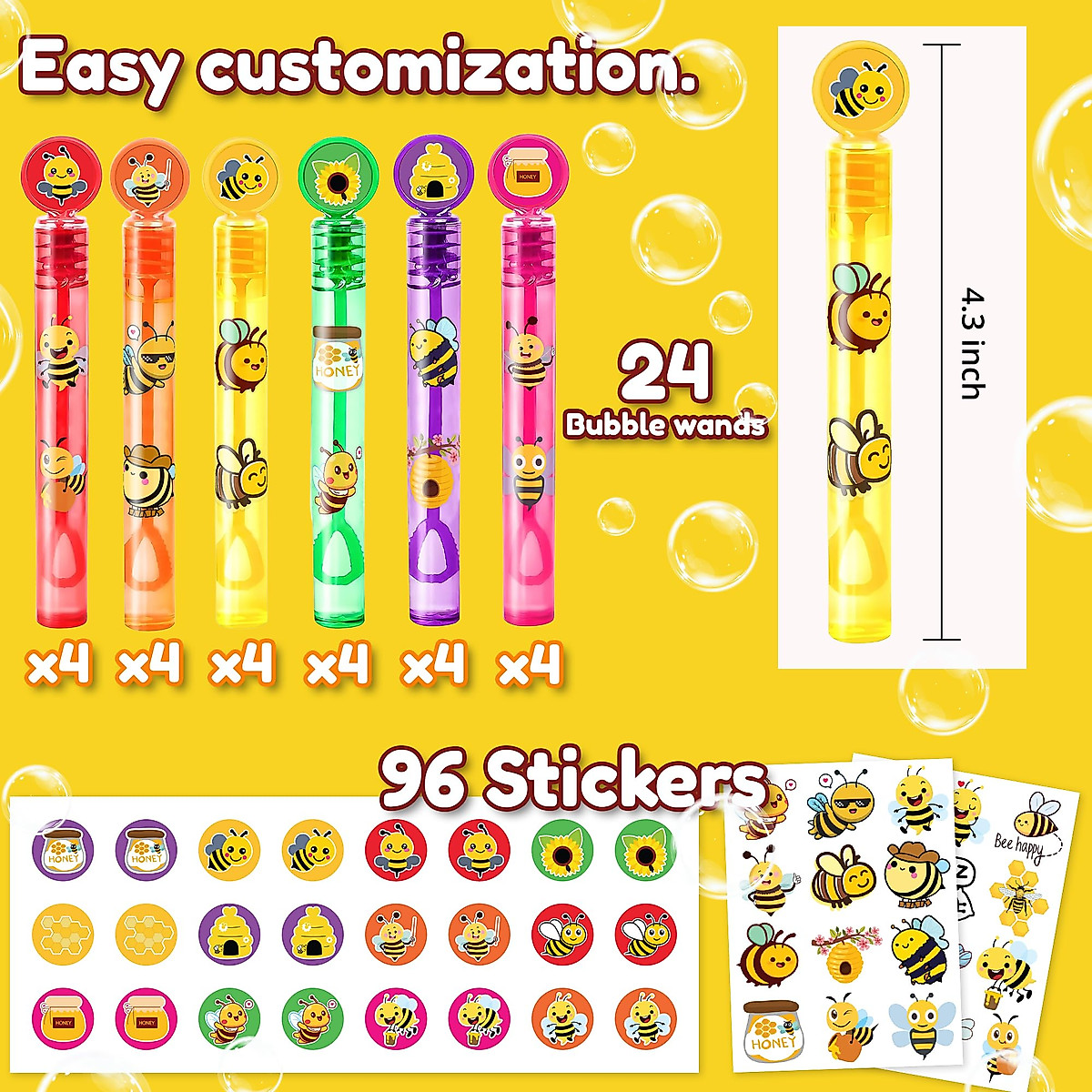 24PCS Bee DIY Bubble Wands Party Favors 96PCS Stickers for Goodie Bag Fillers Pinata Stuffers, Mini Bubble Bulk Birthday Party Supplies Toys Gifts Class Prizes for Toddlers Boys Girls
