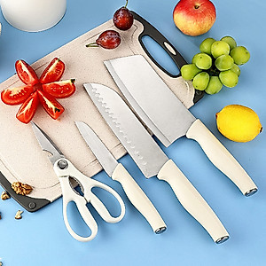 Kitchen Knife Set, 5PCS Stainless Steel Knife Set with Block, High Carbon White Kitchen Knife Set with Ergonomic Handle for Chopping Slicing Dicing Cutting Paring (White)