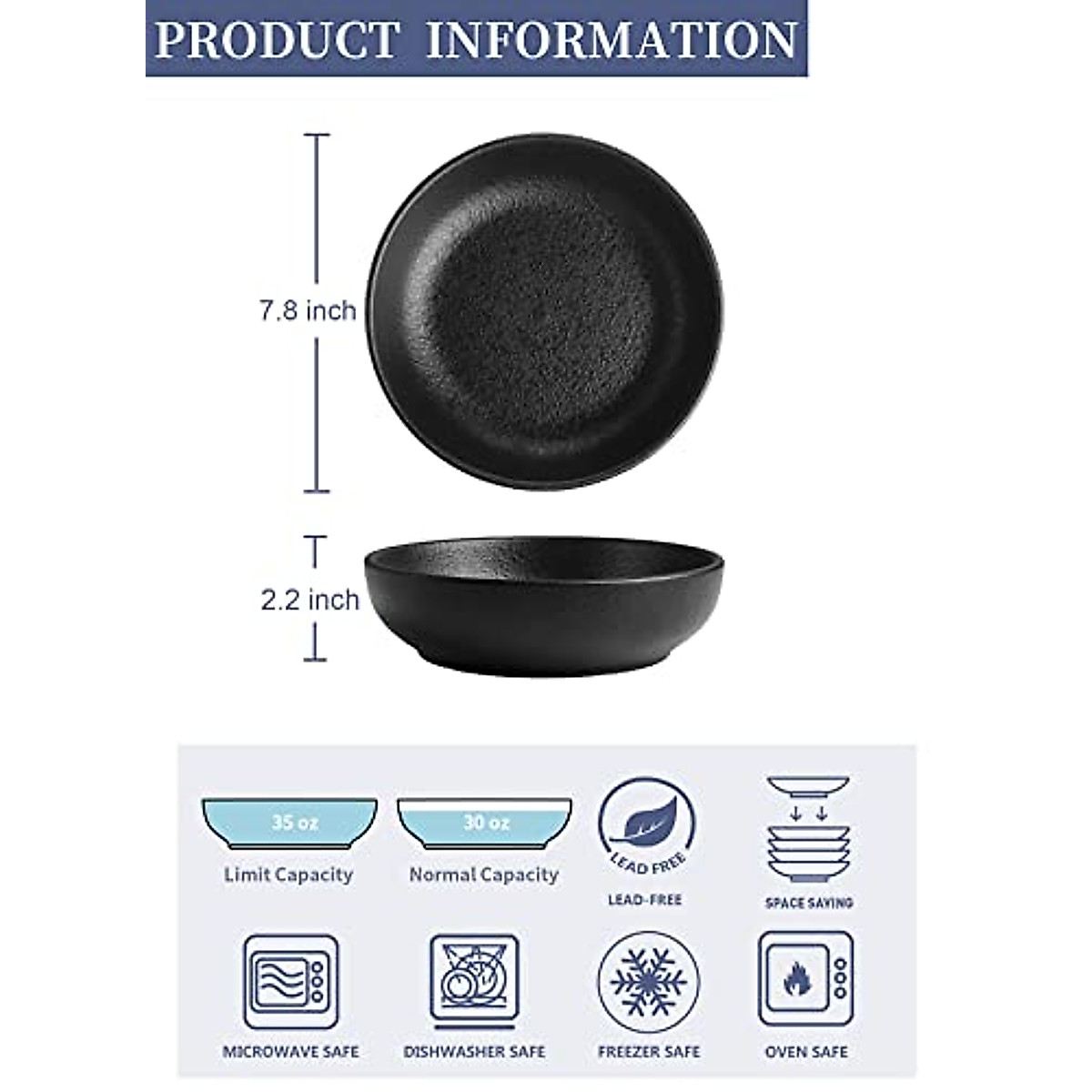 YJR Ceramic Pasta Bowls, Salad Bowls, Large Serving Bowl Set, Wide and Shallow - 35 Ounce, Set of 4, Matt Black