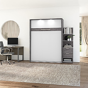 Bestar Cielo Queen Murphy Bed with Nightstand and Floating Shelves (85W) in Bark Gray and White, Sleeping Arrangement for Multipurpose Room