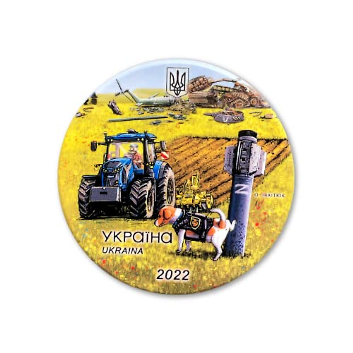 UKRPOSHTA Dog Patron Minesweeper - Ukraine Pin featuring Ukrainian Stamp (Rocket), Yellow, Blue, 56 mm in diameter