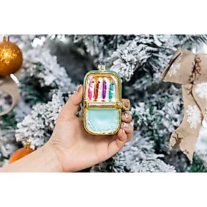 2 Pack Glass Sardine Tin Christmas Ornaments for Christmas Tree Decorations, Hanging Decorative Hand Painted Blown Glass Sardine Can Canned Fish Seafood Ornaments