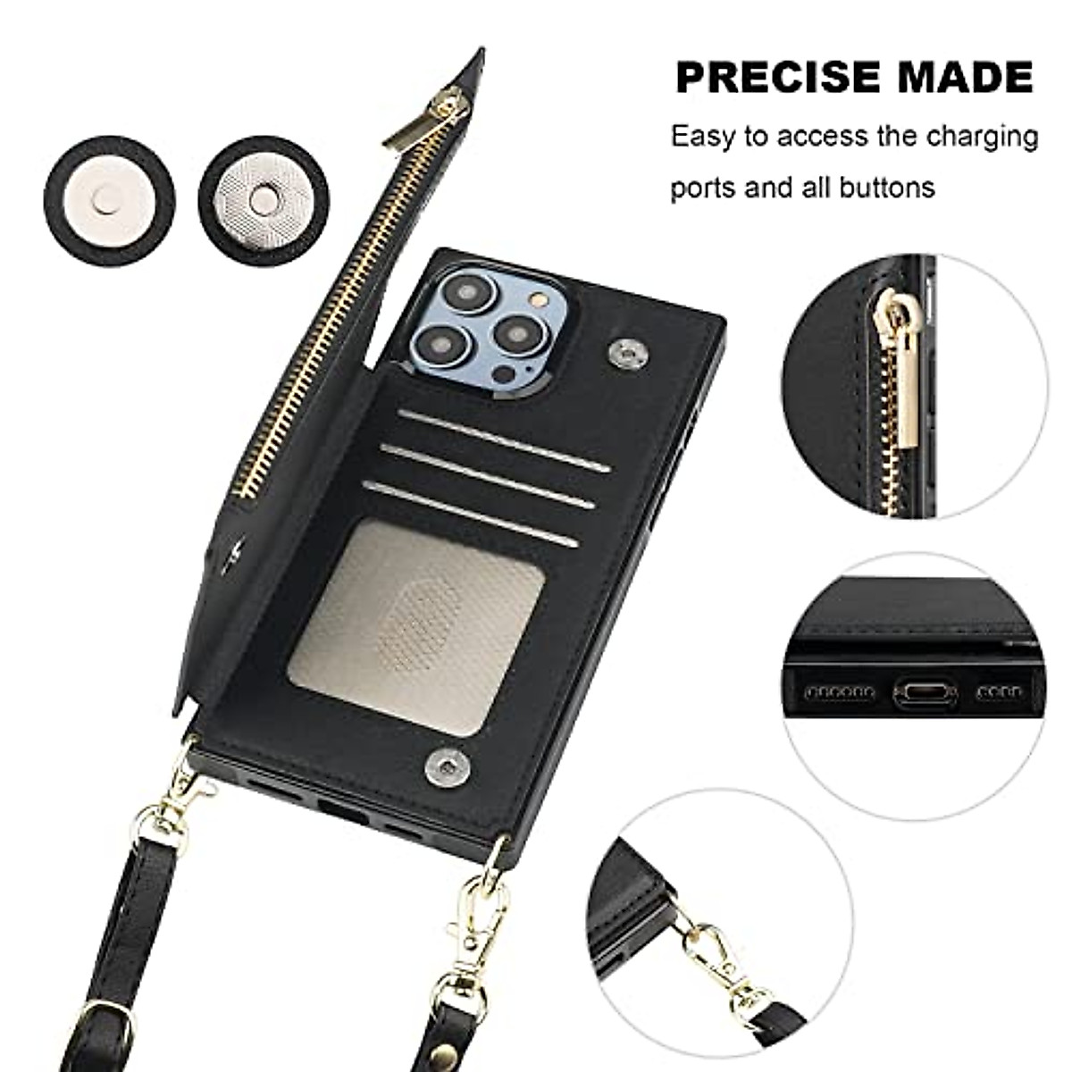 Bocasal Crossbody Wallet Case for iPhone 14 Pro Max with RFID Blocking Card Slot Holder, Magnetic Flip Folio Purse Case, PU Leather Zipper Handbag with Detachable Lanyard Strap 6.7 Inch 5G (Black)