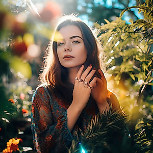 Gbinitail 4Pcs Nature-Inspired Adjustable Silver Ring Set - Platinum-Plated Stackable Rings with Zirconia, Pearl, Twig & Chain Details for a Unique Aesthetic, Size 5.5-7.5