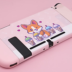 BelugaDesign Corgi Boba Switch Bundle | Cute Kawaii Dog Bubble Tea Pastel Pet Case | Cover Shell with Thumb Grips Compatible with Nintendo Switch (Switch Standard, Pink)