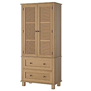 FOTOSOK Kitchen Pantry Storage Cabinet, Tall Cabinet with Rattan Doors and 2 Drawers, Freestanding Cupboard with Adjustable Shelves, Utility Pantry for Kitchen, Dining Room,Walnut