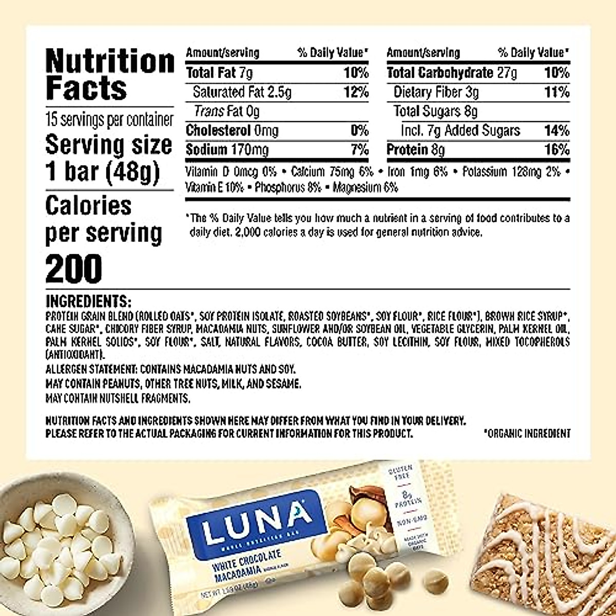 LUNA Bar - White Chocolate Macadamia Flavor - Gluten-Free - Non-GMO - 7-9g Protein - Made with Organic Oats - Low Glycemic - Whole Nutrition Snack Bars - 1.69 oz. (15 Count)