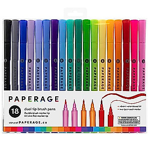 PAPERAGE Dual Tip Brush Pens (4.0mm Brush Tip + 0.5mm Fine Tip), Rainbow, 18 Pack Dual Tip Brush Pen Set for Drawing, Hand-Lettering, Calligraphy, Journaling and More