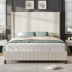 AMERLIFE King Size 62" Corduroy Upholstered Bed Frame, Luxurious Platform Bed with Extra Tall Wingback Headboard and Vertical Stripe, No Box Spring Needed/Solid Wood Slats & Legs/Cream