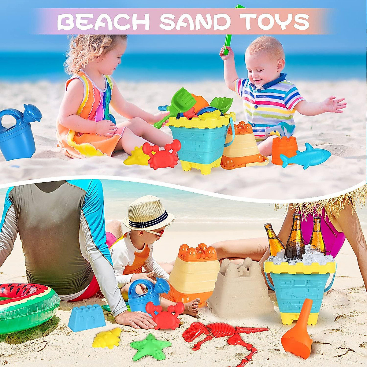 Elovien Beach Sand Toys Set, 24PCS Sandbox Toys with Mesh Backpack Bag Included 2 Foldable Buckets Pails, Sand Molds, Shovels, Rakes and Watering Can, Summer Outdoor Toys for Kids Toddlers Boys Girls