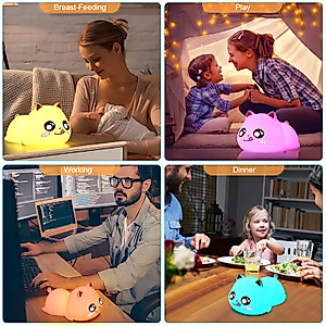 GiieeGii Silicone Cat Night Light for Kids, Cute Kitty Lamp Gifts Teen Girl Boys, with 9 Colors Change Auto Timing Dimmable Kawaii Animal Baby Night Light for Bedroom