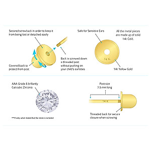 14k Yellow Gold Plain Heart Cubic Zirconia Children Screwback Baby Girls Stud Earrings
