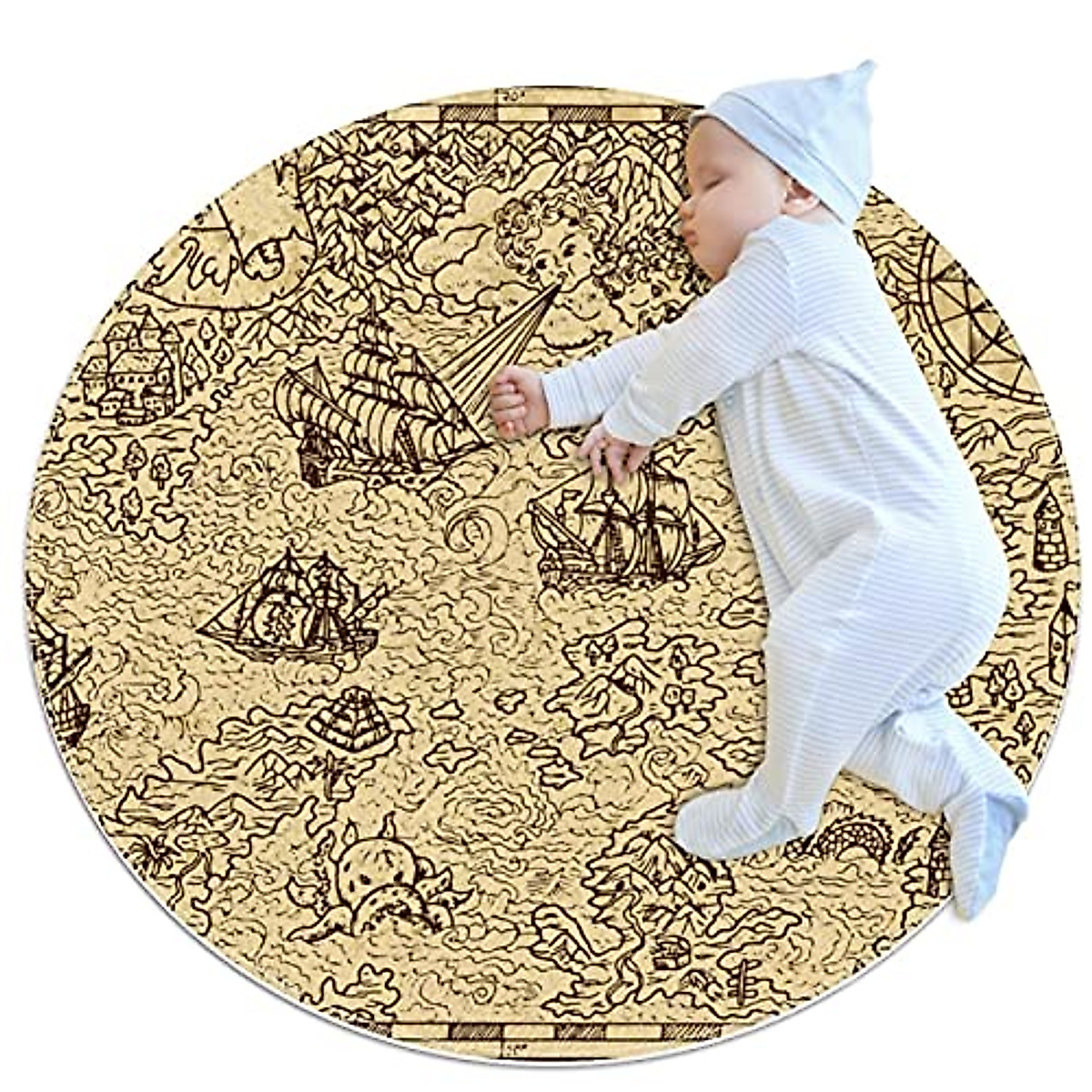 3ft Round Small Area Rug Nautical Map Sailboat Bathroom Rugs Soft Non-Slip Floor Carpet Bedroom Living Room Decorative Machine Washable