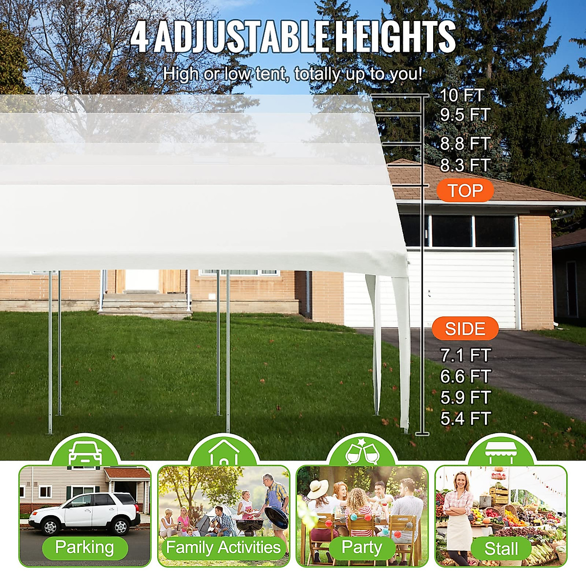 Happybuy 10 x 20 ft Carport Car Canopy, Heavy Duty Garage Shelter with 8 Legs, Car Garage Tent for Outdoor Party, Birthday, Garden, Boats, Adjustable Peak Height from 8.3 ft to 10 ft
