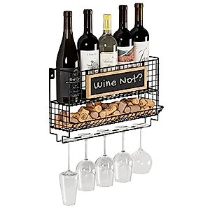 Wall35 Cork Wine Rack Wall Mounted, Wall Wine Bottle Holder with Wine Glass Rack, Wall Mount Wine Holder with Wine Cork Holder, Wall Wine Rack for Wine Bottles and Wine Glass Storage, Black, Metal