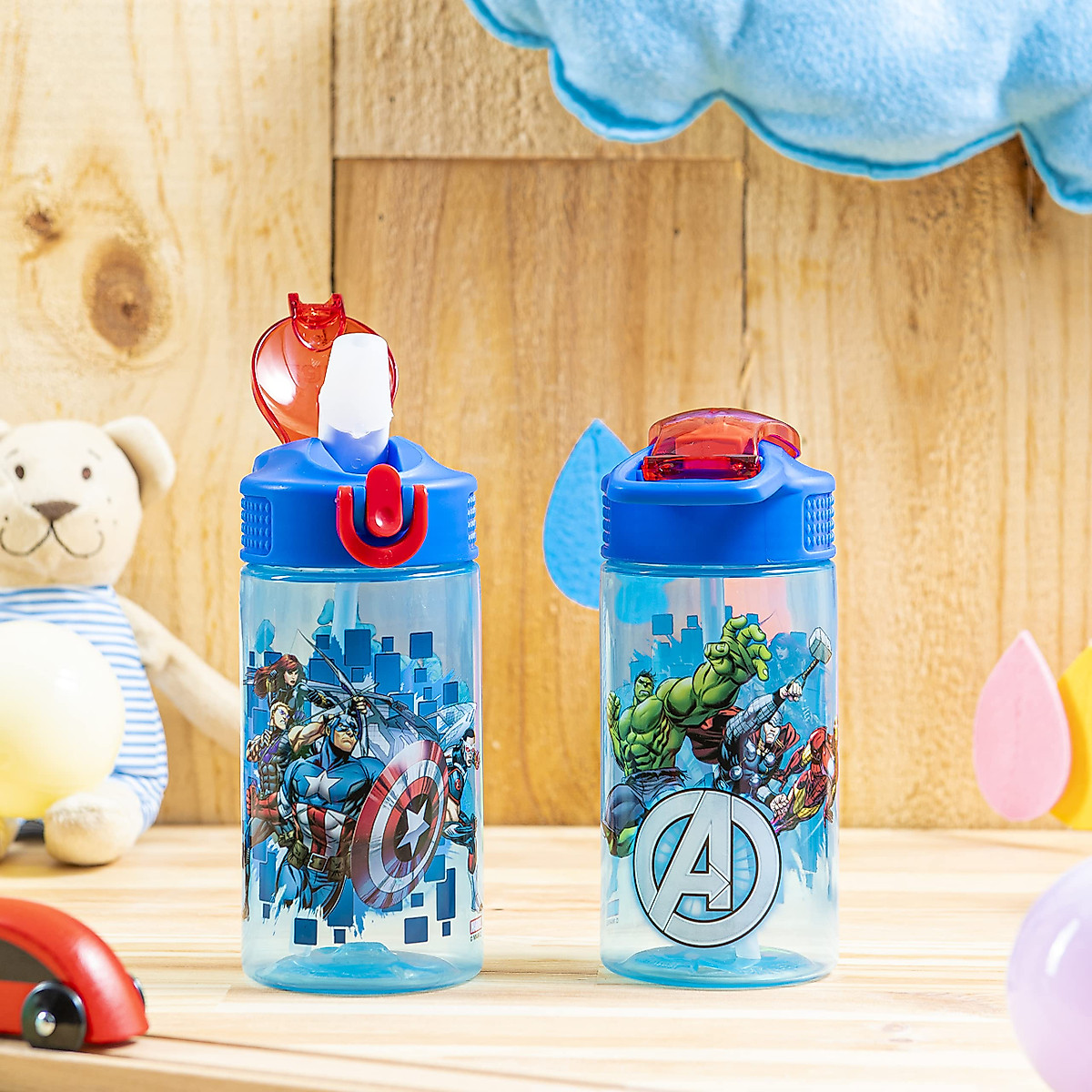 Zak Designs Kids Durable Plastic Spout Cover and Built-in Carrying Loop, Leak-Proof Water Design for Travel, (16oz, 2pc Set), Marvel Avengers
