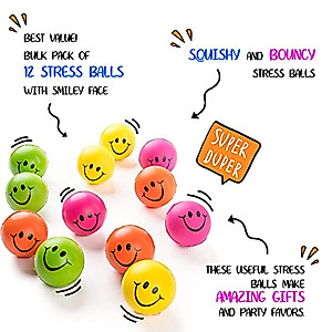 Be Happy! Neon Colored Smile Funny Face Stress Ball - Happy Smile Face Squishies Toys Stress Foam Balls for Soft Play - Bulk Pack of 12 Relaxable 2.5" Stress Relief Smile Squeeze Balls Fun Toys