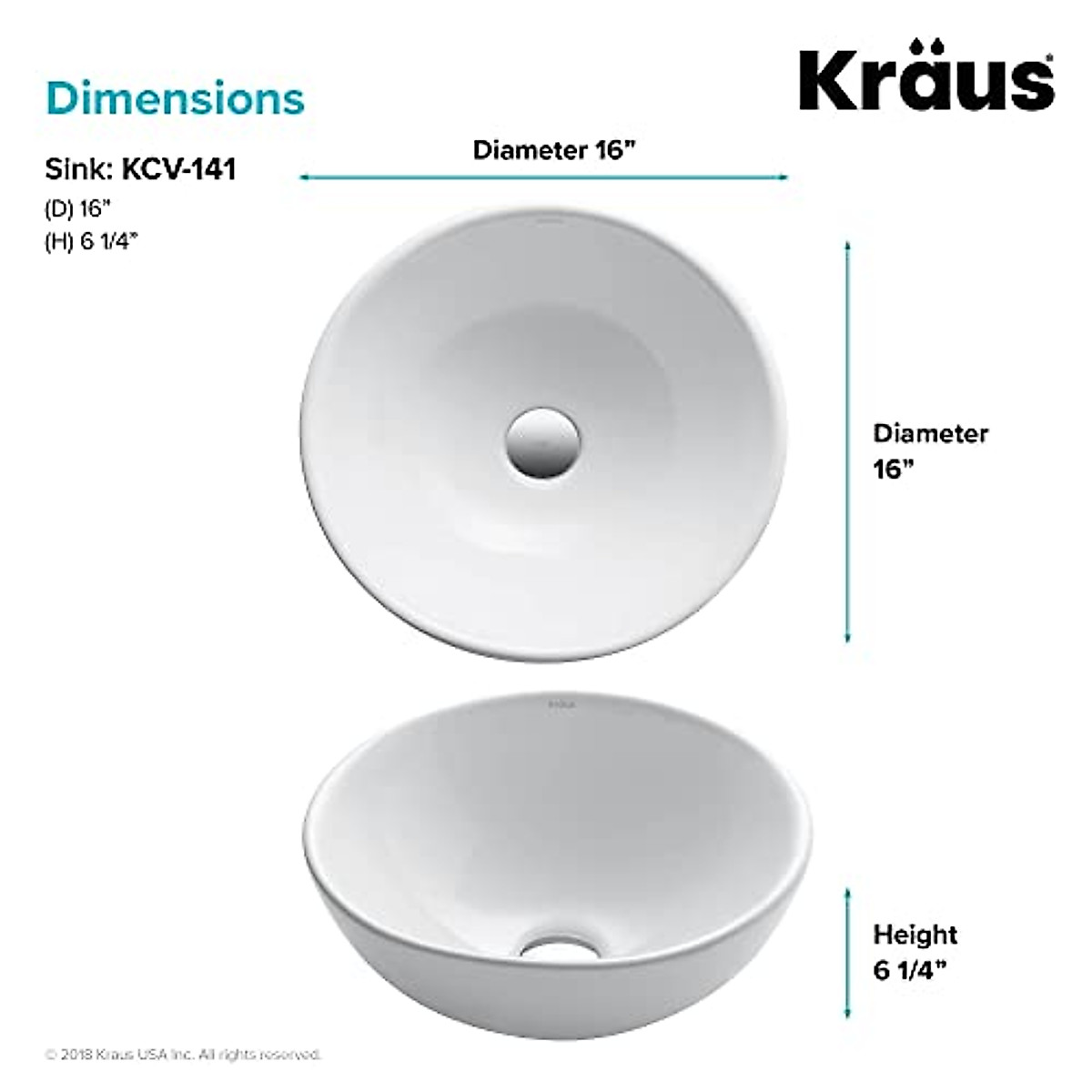 Kraus KCV-141 White Round Ceramic Bathroom Sink 15.7 Inch