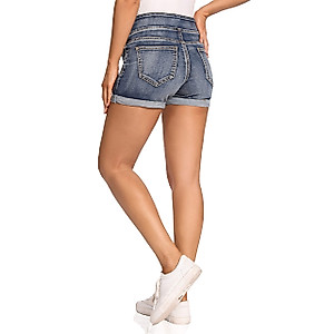 Foucome Women's Maternity Ripped Jean Shorts Roll Hem Denim Shorts Pregnancy Summer Shorts (Blue, L)