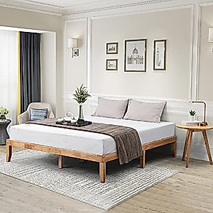 Bestmart INC Full Wooden Bed Frame No Box Spring Needed Marco de Madera 14'' Platform Bed Frame with Solid Wooden Slat and 10 Solid Feet,Quiet Noise Free
