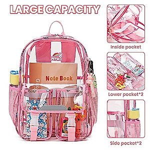 HTWO Clear Backpack for Girls Stadium Approved, PVC Backpacks Suitable for Elementary School, passed CPSC and With Pendant. (Pink)
