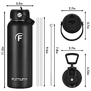 Futtumy Stainless Steel Water Bottle with Straw, 40oz Water Bottle with Spout Lid and Straw Lid, Double Wall Vacuum Insulated Water Bottle, Thermal Bottle for Sports, Travel, School, Gym (Black)