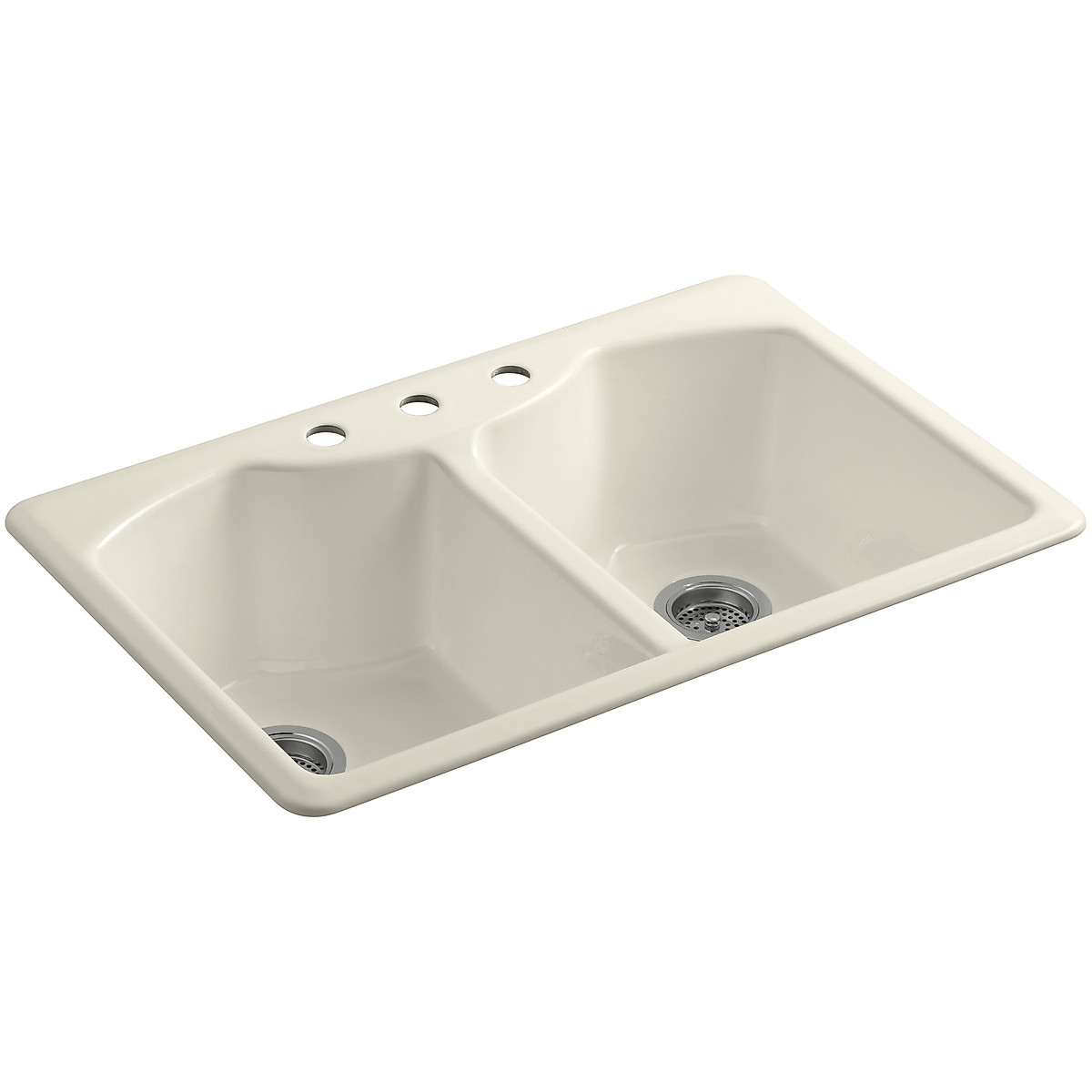 KOHLER K-6482-3A4-47 Bellegrove Double Bowl Top-Mount Kitchen Sink with Three Hole Drillings, Almond