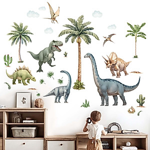 Amimagen Large Dinosaur Wall Decals - Tropical Palm Tree Leaf Dino Wall Stickers - Nursery Kids Baby Boys Room Daycare Playroom Classroom Wall Decor