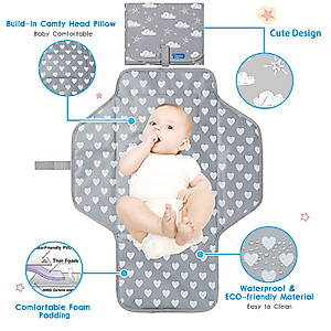Baby Portable Changing Pad Travel - Waterproof Compact Diaper Changing Mat with Built-in Pillow - Lightweight & Foldable Changing Station, Newborn Shower Gifts (Clouds and Elephant)