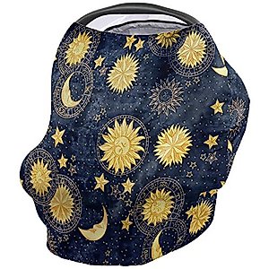 Car Seat Canopy Nursy Cover Zodiac Sign, Multi Use Breastfeeding Scarf for Infant Carseat Canopy Stroller Shopping Cart Highchair Boho Celestial Bodies Gold Sun Moon and Stars Ancient Pattern