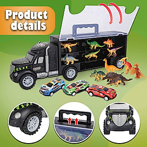 YIMORE Dinosaur Truck Toy Car Transporter Carrier Set Include Dinosaur Figures & Egg Mini Racing Car with Play Mat, Road Signs for Children 37PCS