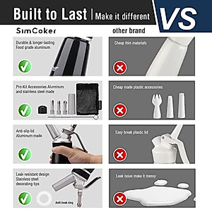 SimCoker Whipped Cream Dispenser, Aluminum Cream Whipper 500mL/1 Pint,3 Stainless Culinary Decorating Nozzles, 1 Brush, 1 Storage Bag, Homemade Cream Maker, N2O Chargers Not Included