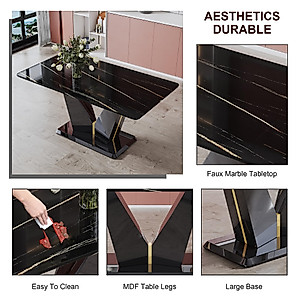 WEKEOT 7 Pieces Modern Dining Table Set 63" Faux Marble Dining Room Table with 6 PU Leather Chair Black Dining Table Set Rectangle Dinner Table Set for Kitchen, Restaurant