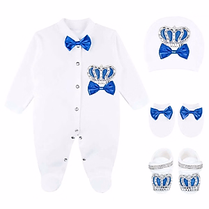 Lilax Baby Boy Jewels Crown Layette 4 Piece Gift Set 0-3 Months Royal Blue