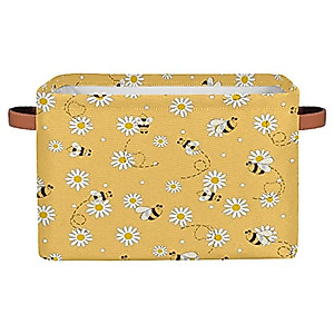 Large Storage Bin Animal Bees Collapsible Storage Basket with Handles,Daisy Flower Laundry Basket Hamper Organizer Foldable Storage Box for Toys Bedroom Kids Room Nursery Dorm Set of 1