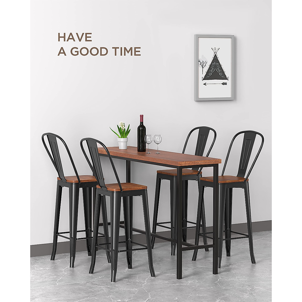 Aiho Bar Stools 30” Dining Chairs Outdoor Patio Bistro Set of 2 Metal Height Bar Stools with Wood Seat and Removable Backrest, Gloss Black