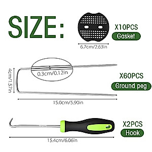 60Pcs Heavy Duty Galvanized Garden Staple U-Shaped Pins+10Pcs Gasket+2 Hooks,6 Inch Reusable Sod Fence Staples Garden Stakes Staples for Anchoring Tents,Ground Covers,Pet Cages and,etc.