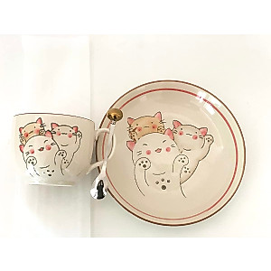 LAKistagu White Pasta Serving Bowls 24 Ounce,White Ceramic Cute Japanese Salad Dinner Bowl Plates.8 Inch Porcelain Pasta Shallow Bowl Deep Plate.(Round Cat)