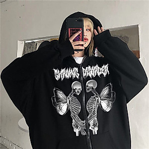 CosTribe Women's Y2K Zip Up Hoodies Novelty Aesthetic Skeleton Graphic Pullover Casual Cardigan Sweatshirt Tops with Pocket (Black,XXL)