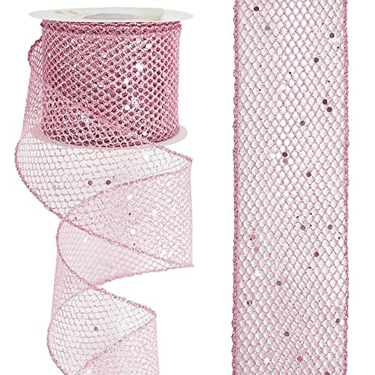 HUIHUANG Pink Glitter Wired Ribbon Web Mesh Ribbon Wired Metallic Sparkling Wire Edge Ribbon for Gift Wrapping Wreaths Making Christmas Tree Topper Bows Home Decor DIY Crafts -2.5" x 10 Yards
