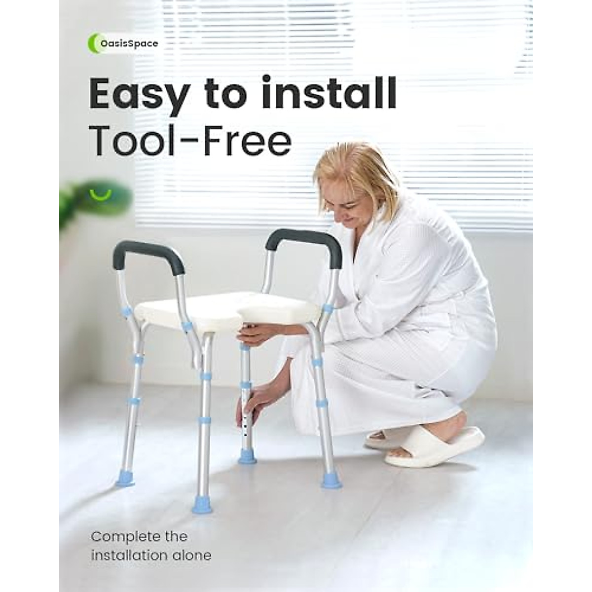 OasisSpace Adjustable Shower Chair with Arms for Inside Shower, Heavy Duty Shower Bench with Cutout Seat 300lbs, Medical Tool Free Bathtub Stool for Seniors, Elderly, Handicap, Disabled