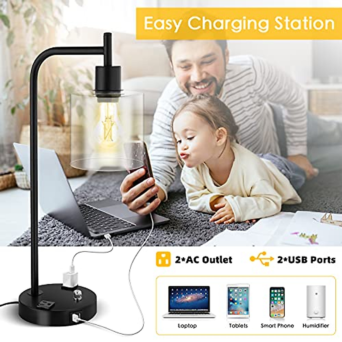 Upgraded Table Lamp, Fully Stepless Dimmable Desk Lamp with 2 USB Charging Ports and 2 AC Power Outlets, Modern Bedside Lamp with Glass Shade for Bedroom, Living Room, Office (Bulb Included)