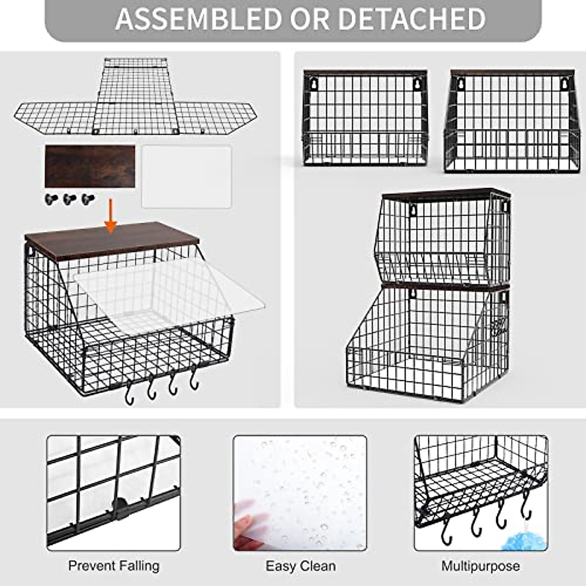 Mefirt Fruit Basket, Enlarged 2-Tier Kitchen Organization Wire Basket with Wood Lid, Stackable Wall-mounted & Countertop Tiered Storage Baskets for Potato Storage, Onion Storage, Snack Onganizer etc