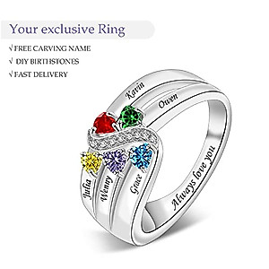 YITUB Personalized Mother Ring with 1/2/3/4/5/6 Birthstones Rings 925 Sterling Silver Mom Ring Custom Engraved Family Jewelry Gifts For Women Mother's Day (1 Stone) (Stone 6) (Stone 5)