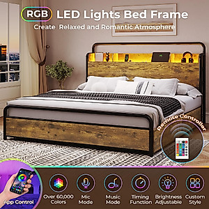 DICTAC Queen Bed Frame with Storage Headboard and Charging Station Metal Platform Bed Frame with Led Lights Queen Size Led Bed Frame with 4 Drawers,No Box Spring Needed, Noise-Free, Rustic Brown