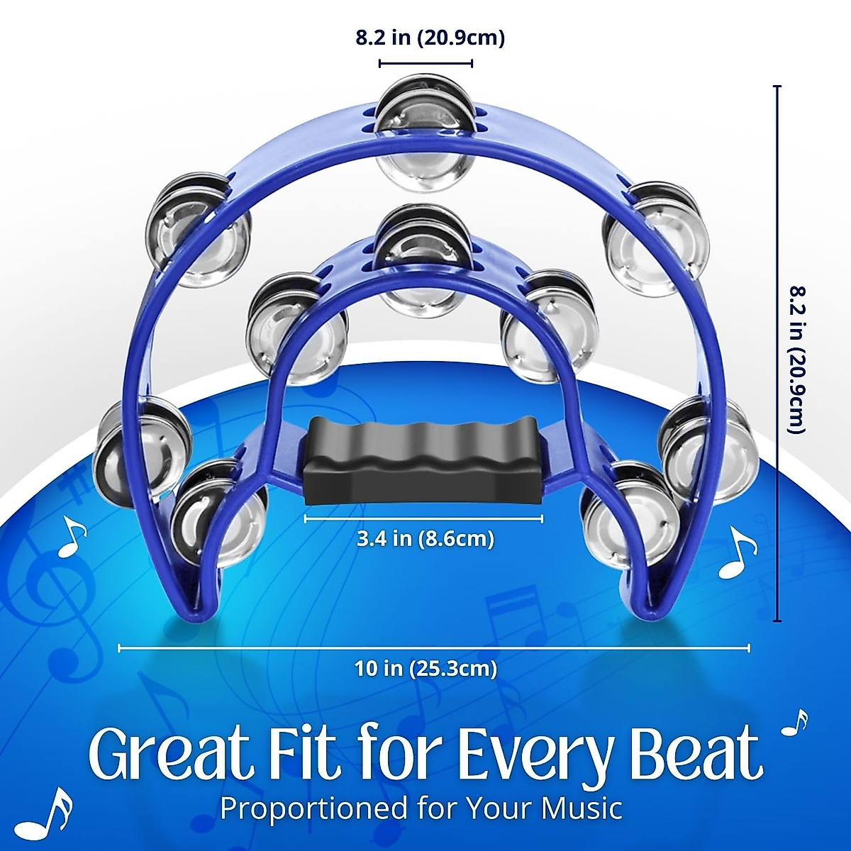 Flexzion Tambourine Metal Half Moon Musical Instruments Double Row Metal Jingles Hand Held Instruments Percussion with Ergonomic Handle Grip, Tambourines for Adults, 2 Packs - Blue