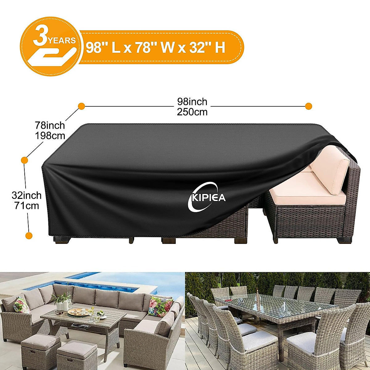 Kipiea Patio Furniture Covers Waterproof Winter, Heavy-Duty 420D Outdoor Patio Furniture Set Covers, No Tears Anti UV No Fading (98" L x 78" W x 32" H)